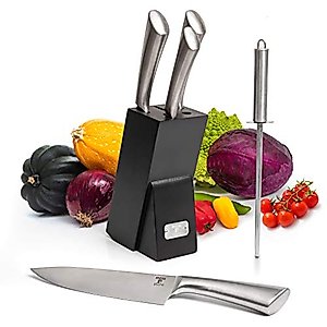 Professional Kitchen Knife Chef Set, Knife Set With Block, Kitchen Knife Set Stainless Steel Scratch Resistant And Rust Proof, Black Knife Block By Moss & Stone. (6 piece)