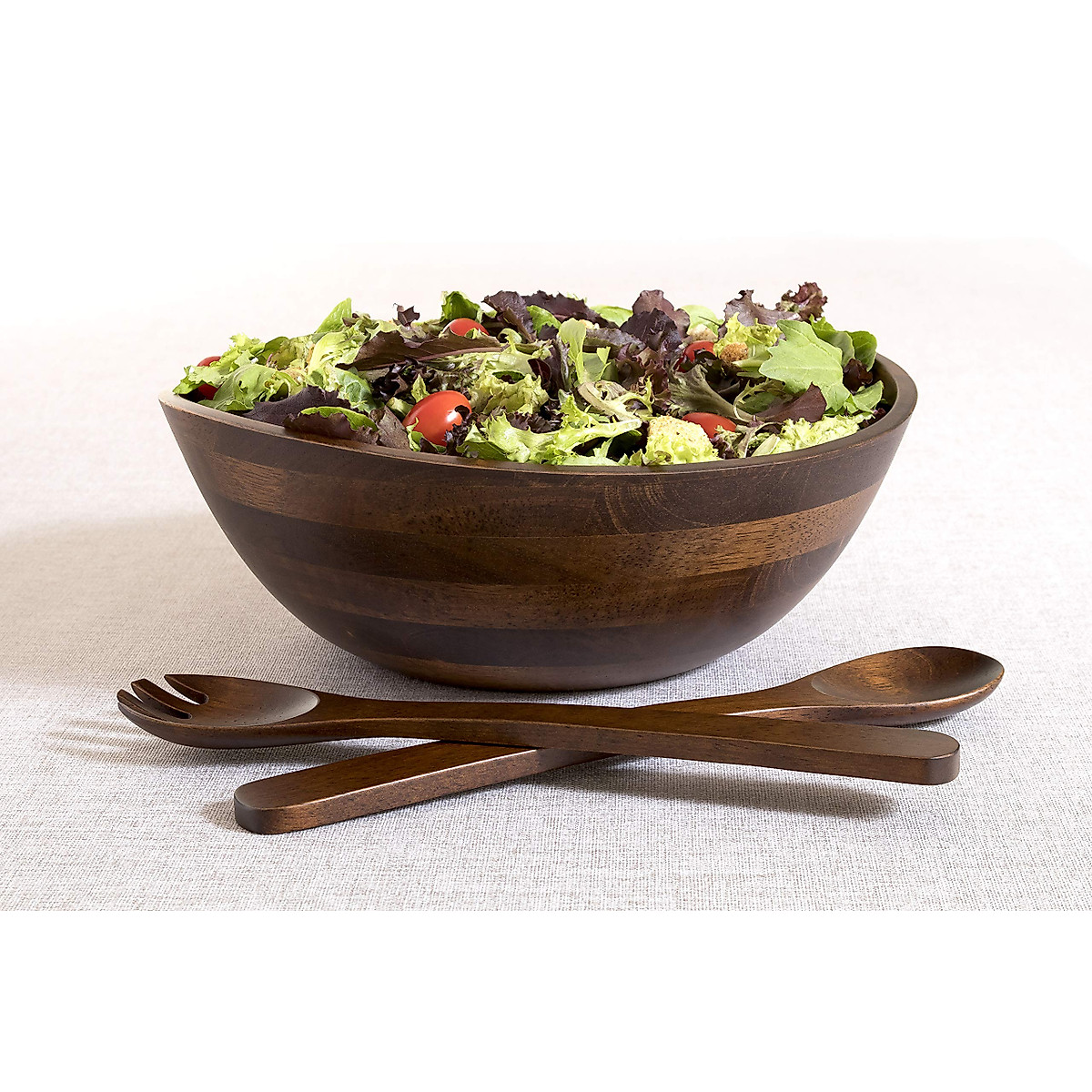 Lipper International Walnut Matte Bowl w/Wavy Rim 13" with Pair of 12" Salad Servers