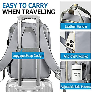 Liokesa Laptop Backpack for Women, School Backpack for Teen Girls, 15.6 Inch Quilted Womens Work Laptop Bag with USB Charging Port, Large Computer Bookbags for College Teacher, Grey