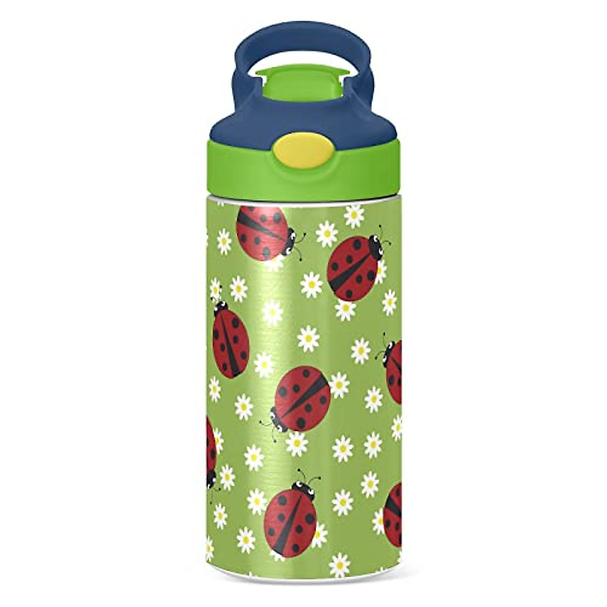 ALAZA Ladybug Kids Water Bottles with Lids Straw Insulated Stainless Steel Water Bottles Double Walled Leakproof Tumbler Travel Cup for Girls Boys Toddlers 12 oz,Green