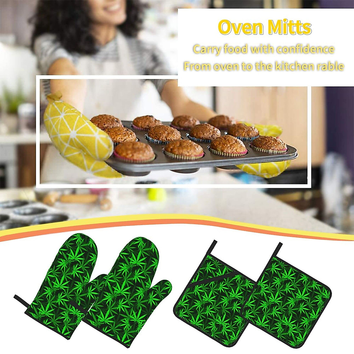 Oven Mitts and Pot Holders Sets Weed Leaf Print Oven Gloves Heat Resistant Potholders 4 Pcs Set Washable Non-Slip BBQ Gloves with Hanging Loop for Women Men Kitchen Baking Cooking Grilling