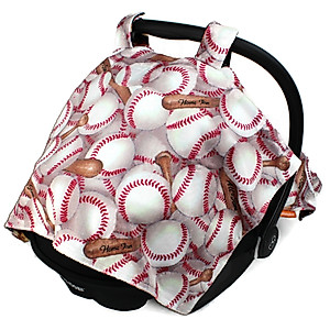 Dear Baby Gear Deluxe Reversible Car Seat Canopy, Custom Minky Print, Baseball Bat Glove