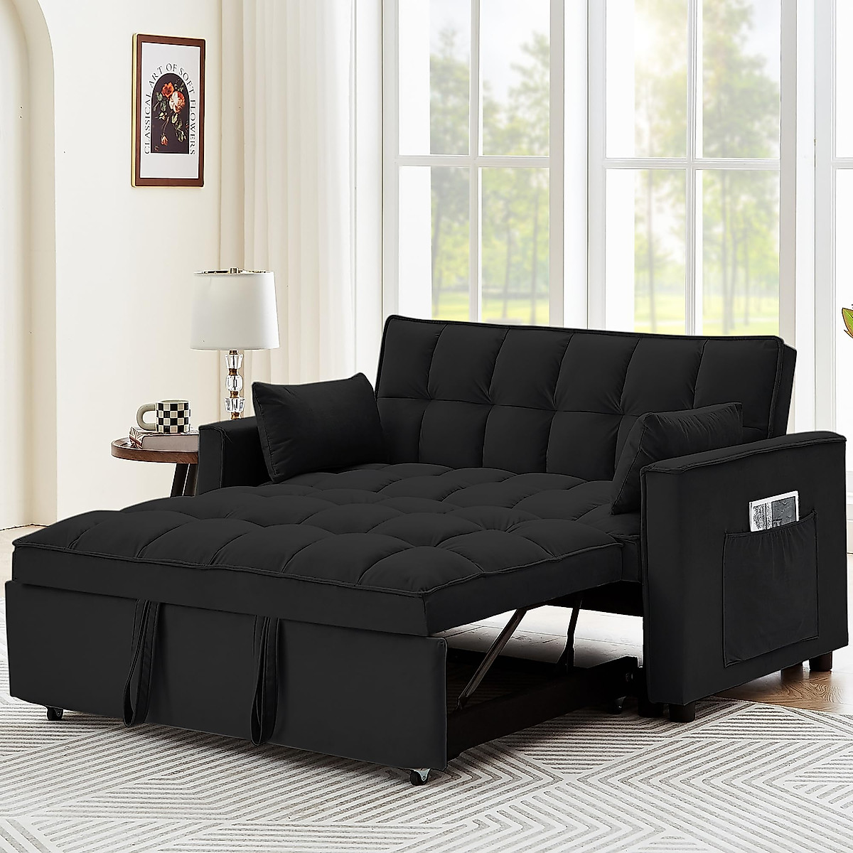 Suheww Black Pull Out Sofa Bed, 3 in 1 Convertible Small Couch for Bedroom,2 Seater Sofa Cama with Adjustable Backrest Velvet Futon Chaise Lounge for Small Spaces Living Room Office