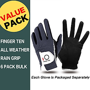 FINGER TEN Golf Gloves Men Right Left Handed Golfer Mens Glove RainGrip Hot Wet Weather Value 6 Pack, All Weather in Grey Medium/Large (Grey, Medium/Large, Left)