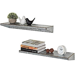 MyGift Silver Galvanized Metal Floating Shelves for Wall, Decorative Display Shelf, Set of 2