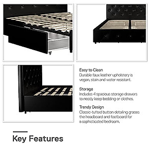 DHP Dakota Upholstered Platform Bed with Underbed Storage Drawers and Diamond Button Tufted Headboard and Footboard, No Box Spring Needed, Full, Black Faux Leather
