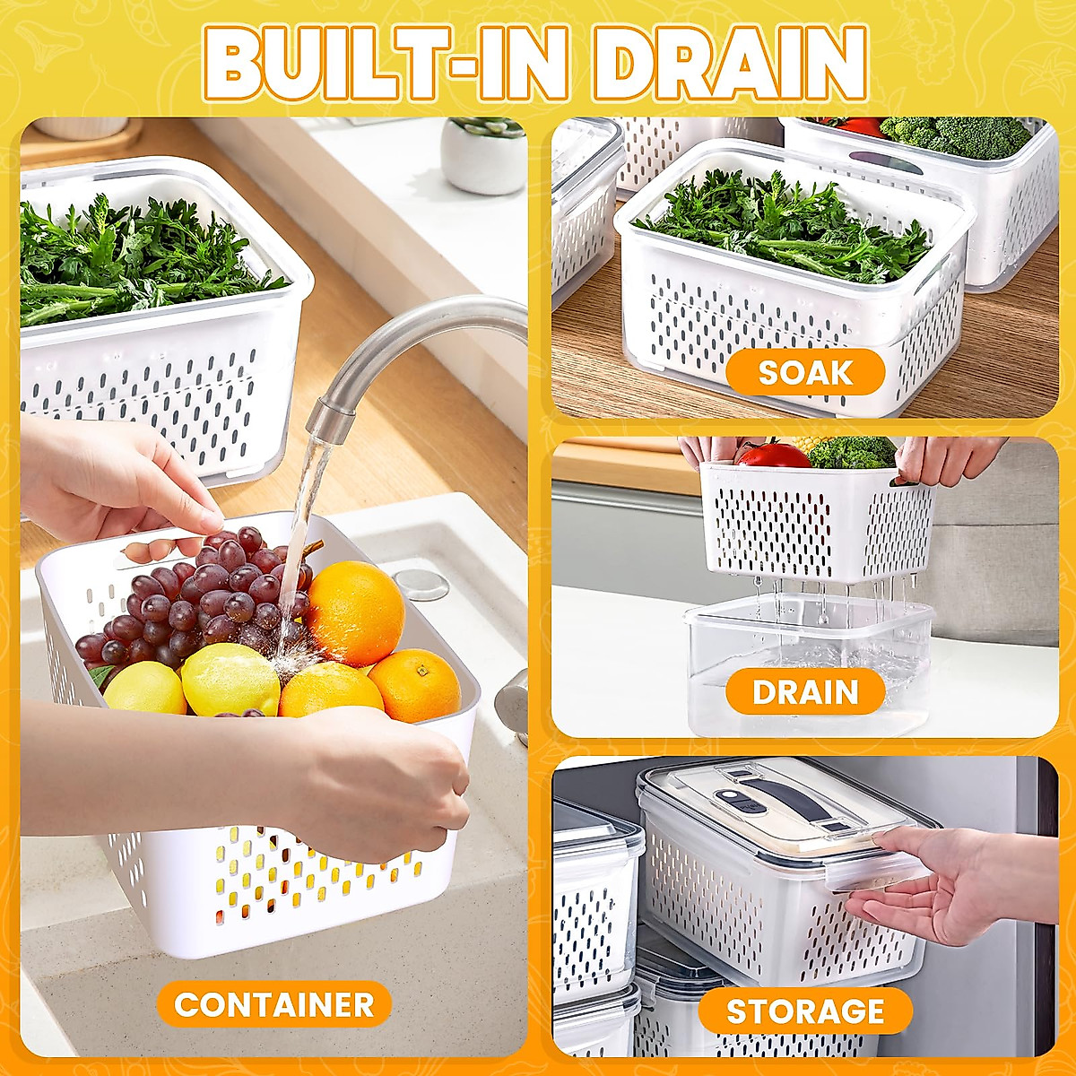 Loyala 3 PCS Fruit Containers for Fridge Food Storage Containers with Removable Colander Lids Airtight Fruit Storage Containers for Fridge Fruits Vegetables Strawberry Salad Meat（3pcs with handles）