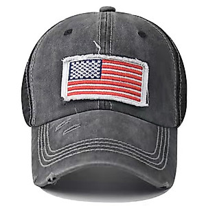 UTOWO Women Baseball-Caps Distressed-American-Flag Ponytail-High-Bun Trucker Dad-Hats (Black - High Ponytail Mesh)