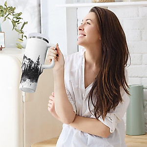 Jihqo Mountain Ink Style 40 oz Stainless Steel Vacuum Insulated Tumbler with Handle and Straw Lid, Leakproof Water Bottle Double Wall Travel Mug Coffee Cup, Cupholder Friendly