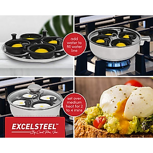 Excelsteel 18/10 Stainless Steel 4 Cup Egg Poacher, Non Stick Easy Use Rust Resistant Home Kitchen Breakfast Brunch Induction Cooktop Ready
