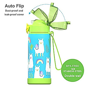 16 oz Insulated Water Bottle with Straw for Kids, Durable Stainless Steel & Leak Proof One Click Open Soft Sipper & Protective Silicone Boot (Llama)