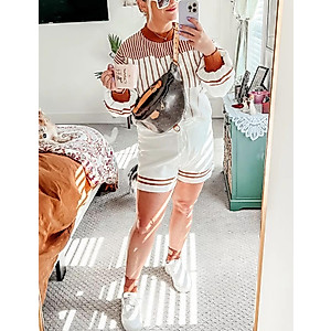 Gihuo Women' s Striped 2 Piece Outfits Crewneck Knit Pullover Sweater Shorts Set Wide Leg Matching Set Loungewear(Brown-M)