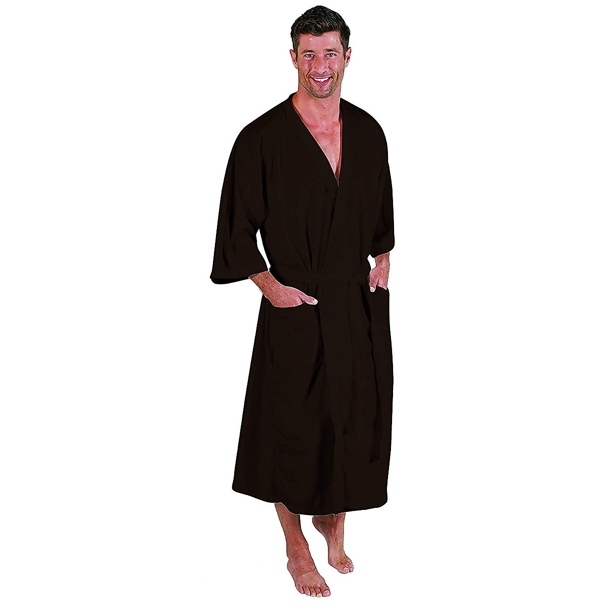Canyon Rose Cloud 9 Men's Plush Microfiber Spa Robe, Kimono Style Wrap, 3/4 length Sleeves, Side Pockets, Waist Belt with Bi-level Loops, Machine Washable, 52 inch length, Chocolate Brown, XL
