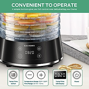 Food Dehydrator, Elechomes Upgraded 6-Tray Dryer for Beef Jerky, Meat, Fruit, Dog Treats, Herbs Vegetable, Digital Time & Temperature Control, Overheat Protection Fruit Roll Sheet Included, BPA Free