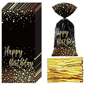 100 Pcs Happy Birthday Bags Small Black Gold Cellophane Treat Bags Dot Goodie Bags Party Favor Candy Bags with 100 Golden Twist Ties Cookie Packaging Gift Bags for Kids Birthday Party Supplies