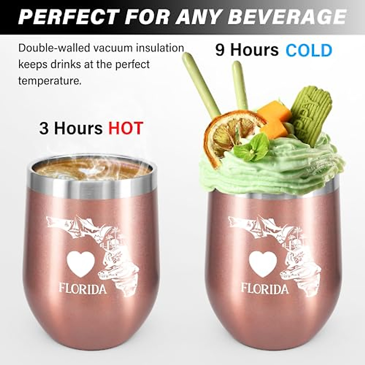 Customized Florida Gift,Florida Coffee Mug Gift for Women 12oz Wine with Lid 18/8 Stainless Steel Cup,Unique Oliday Travel Supplies(Rose Gold)