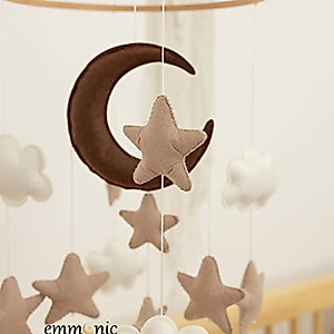 Handmade Baby Mobile for Crib - Modern Boho Baby Mobile - Felt Nursery Mobile Gender Neutral - Brown Stars, White Clouds and Moon