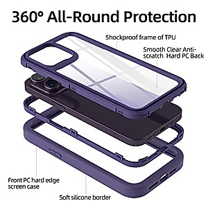 SaiMeun Compatible with iPhone 14 Pro Max Case 6.7",【Military Grade Protection】 Silicone Bumper & Crystal Clear Hard PC Back & TPU Inner, Heavy Duty Case for iPhone 14 Pro Max. (Dark Purple)