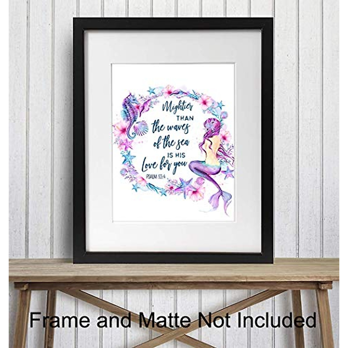 Mermaid Seahorse Seashells Wall Art - Inspirational Bible Verse Religious Quote - Christian Scripture Room Decor for Bathroom, Bedroom - Nautical Ocean Beach House Poster - Mightier Than the Waves