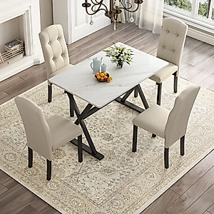 LZ LEISURE ZONE Dining Table Set, Solid Wood 5-Piece Dining Set with Faux Marble Tabletop and Upholstered Dining Chairs for 4, Dining Room Sets, White+Beige