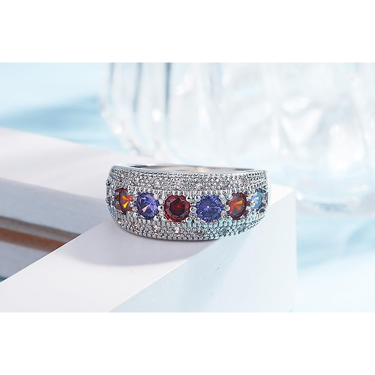 Emsione Women's 925 Sterling Silver Plated Round Created Pink Topaz & Ruby Spinel Vintage Style Ring Band Statement Cocktail Ring Size 10