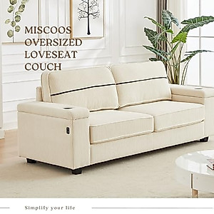 Miscoos 86.5" Deep Seat Loveseat Couch-Corduroy Sofa with Storage Armrests, Oversized Loveseat Couch with Charging Ports, 3 Seater Big Comfy Couch with Cup Holders, I-Shape Couches for Living Room