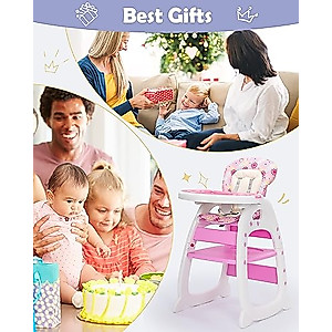 SANDINRAYLI Baby High Chair, Pink 3 in 1 Highchairs, Convertible Plastic Toddler Eating Chair with Tray, Portable Feeding Chair with 5-Point Harness
