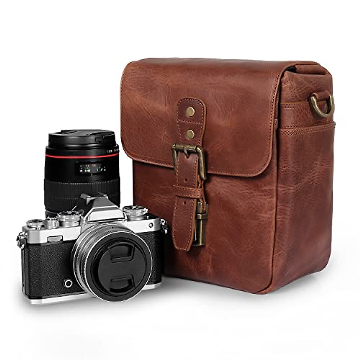 MegaGear Genuine Leather Camera Messenger Bag for Mirrorless, Instant and DSLR, Brown (MG1329)