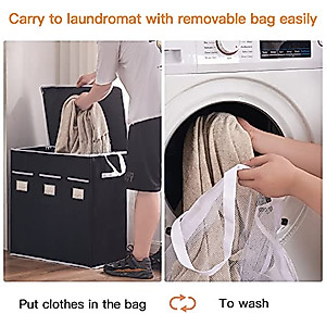 TECHMILLY 3 Section Large Laundry Basket, 140L Laundry Hamper with Lid，Waterproof Durable Clothes Hamper with 4 Removable Bags and 3 labels for Bathroom, Bedroom, Dorm, (Black)