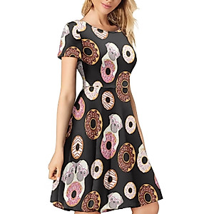 POLERO Funny Donuts Pugs Dogs Print Women Fashion Confort Midi Dress Round Neck Short Sleeve Summer Dresses Animals Puppy Pets Eat Foods Size S