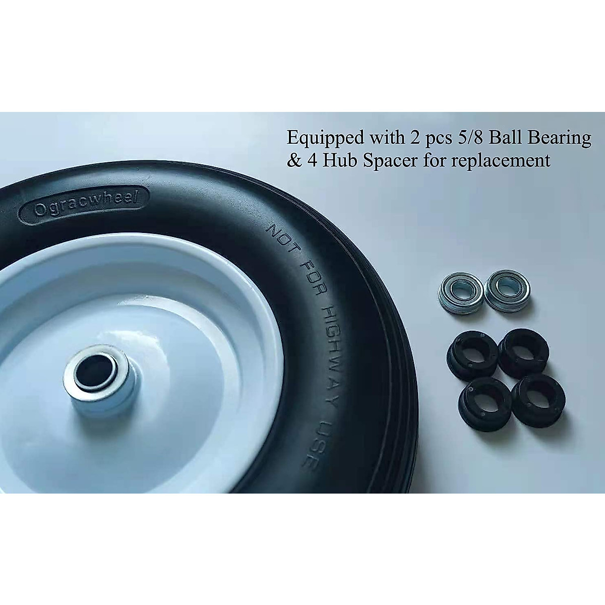 Wheelbarrow Tire 4.80/4.00-8 Flat-Free with 3/4 & 5/8 Wheel Bearing, 3-6" Hub 16" Solid Rubber Wheel Barrel Tires Non-Slip for Yard Cart Garden Wagon (Black)