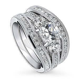 BERRICLE Sterling Silver 3-Stone Wedding Engagement Rings Cushion Cut Cubic Zirconia CZ Ring Set for Women, Rhodium Plated Size 6.5