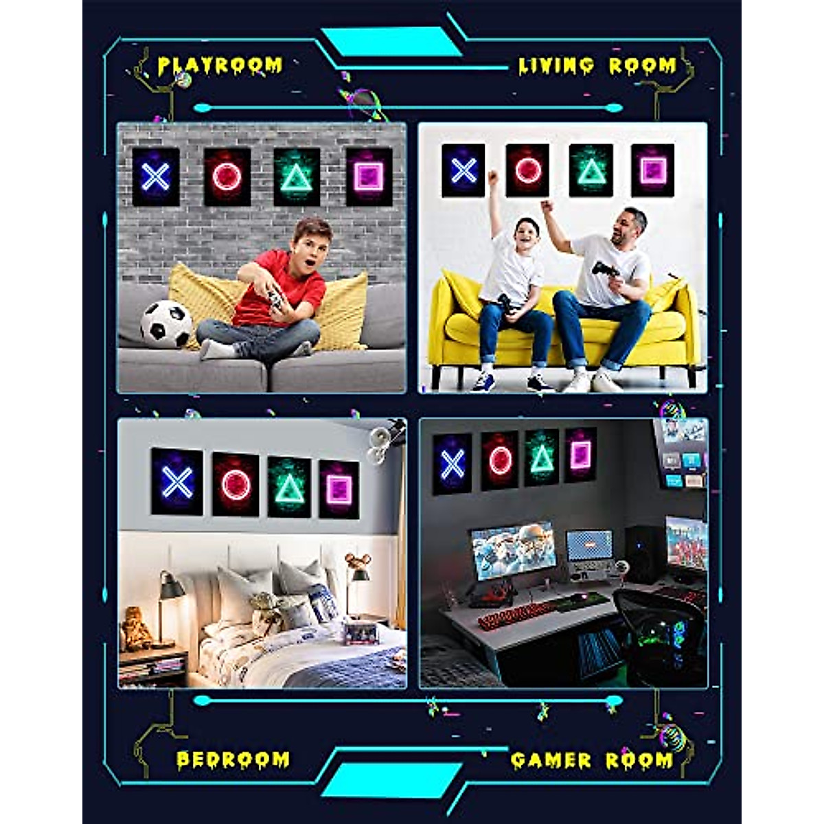Gamer Room Decor for Boys - Gaming Wall Art - FRAMED 8"x10" - PRINTED Neon Gaming Room Decor - Posters for Boys Room - Video Game Decor - Gaming Wall Decor