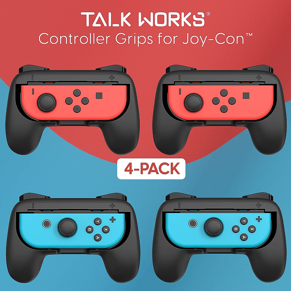 TALK WORKS Nintendo Switch + Switch OLED Joy-Con Controller Grips 4-Pack - Secure Joy-Con Grip, Extended Trigger Buttons, Ergonomic Design for Comfort Hold, Secure Fit for Joy-Con Controllers - Black