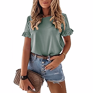 PRETTYGARDEN Women's Short Sleeve Casual T Shirts Summer Ruffle Plain Round Neck Loose Fit Tee Blouse Tops (Green,X-Large)