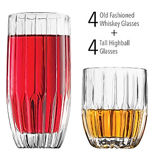 Godinger Drinking Glasses Set, Highball Drinking Glasses and Whiskey Glasses, 8pc Barware Set, Tall Glass Cups, Water Glasses, Cocktail Glasses - 4 Highballs (12oz) and 4 Whiskey Glasses (10oz)