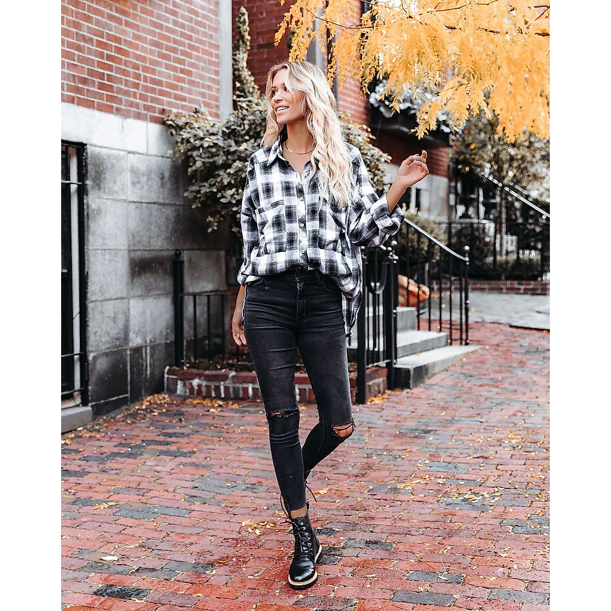 Paintcolors Women's Plaid Button Down Shirts Long Sleeve Blouses Flannel Oversized Tunic Tops with Pockets - Black-White XL