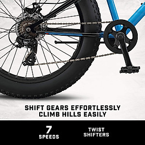 Mongoose Argus ST Fat Tire Mountain Bike for Youth Boys Girls, 24-Inch Wheels, Mechanical Disc Brakes, 12-Inch Steel Hardtail Frame, 7-Speed, Blue