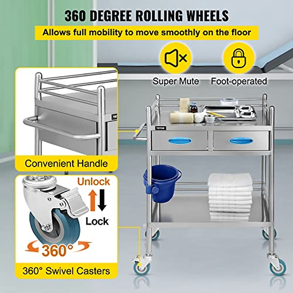 VEVOR Lab Serving Cart Utility Cart Stainless Steel Medical Cart with Two Drawers for lab Equipment Use Grade I Stainless Steel Utility Services (2 Shelves/ 2 Drawer)