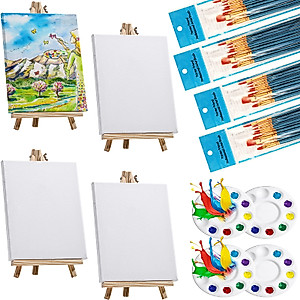 52 Pcs Paint Set Includes 4 Pcs 8 x 10 Inch Canvases 4 Pcs 7 x 9.5 Inches Wood Easel 40 Nylon Hair Painting Brushes 4 Plastic Palettes Painting Supplies Kit for Kids Adults Painting Party