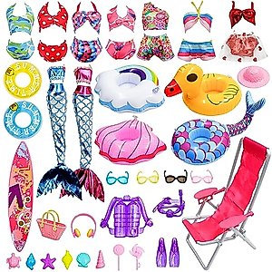CAILESS Doll Clothes Accessories - 36Pcs Girl Doll Clothes Swimsuit Series for 11.5''Doll Included Bikini Mermaid Swimsuit Surfboard Beach Chair Swimming Ring Beach Accessories