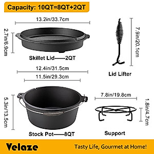 Velaze 10QT Camping Dutch Oven, Pre-Seasoned Cast Iron Camp Dutch Oven Pot with Lid, for Use in the Oven, on the Stove, Grill, or over the Campfire - Metal Handle, Lid Lifter, and Tripod