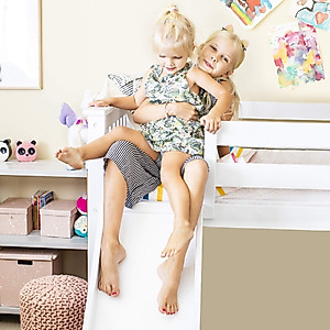 Max & Lily Low Loft Bed, Twin Bed Frame For Kids With Slide and Curtains For Bottom, White/Blue