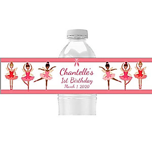 Personalized Ballerina Girls Party Water Bottle Labels, Pack of 25 Peel and Stick Waterproof Water Bottle Wrappers for Kids Birthday Favors
