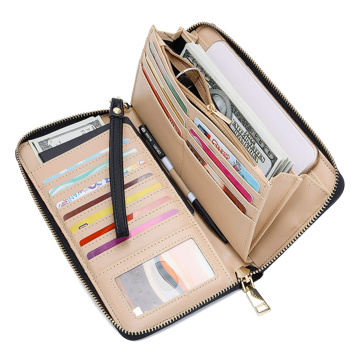 WOZEAH Women's RFID Blocking PU Leather Zip Around Wallet Clutch Large Travel Purse (A black)