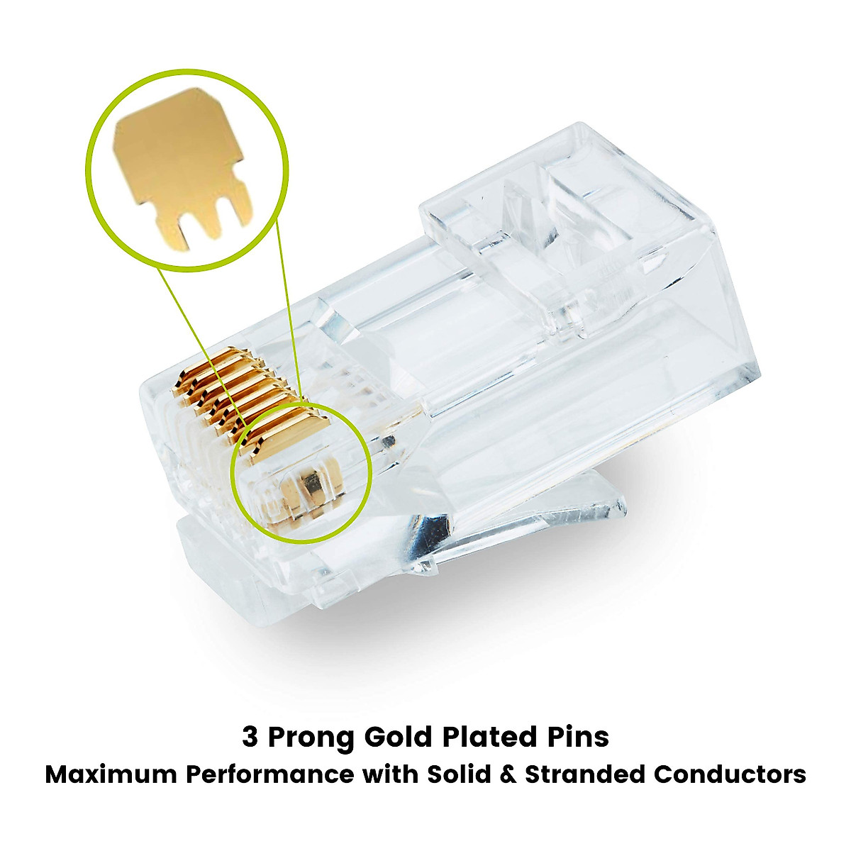 trueCABLE Cat5e RJ45 Pass Through Connectors, Unshielded (UTP) Modular Plug, UL Listed, EZ Crimp End, Gold Plated 3 Prong 8P8C, 100 Pieces