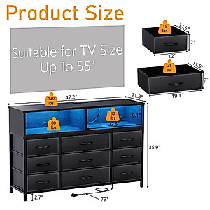 eiskah Black Dresser for Bedroom, 9 Drawers Led Dresser TV Stand with Power Outlets and LED Lights, Long Fabric Dressers Wide Chest of Drawers with Large Organizer for Living Room, Entryway, Hallway