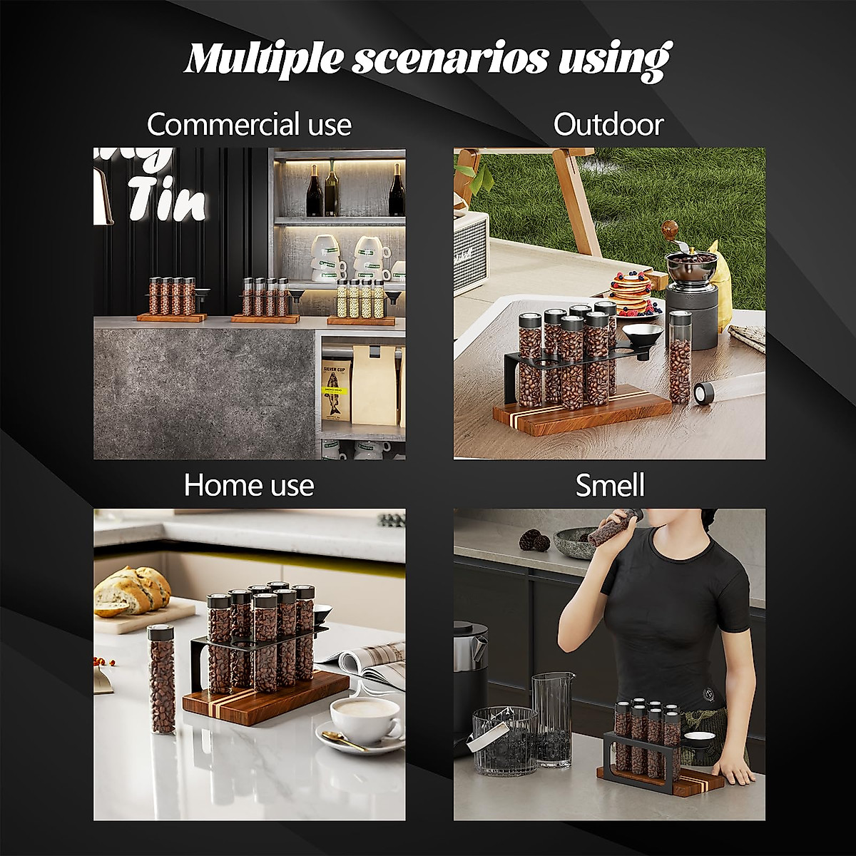 VZONE Coffee Bean Cellar Tubes Single Dose Glass Coffee Container with Hopper 8 Tubes with Exhaust Valve