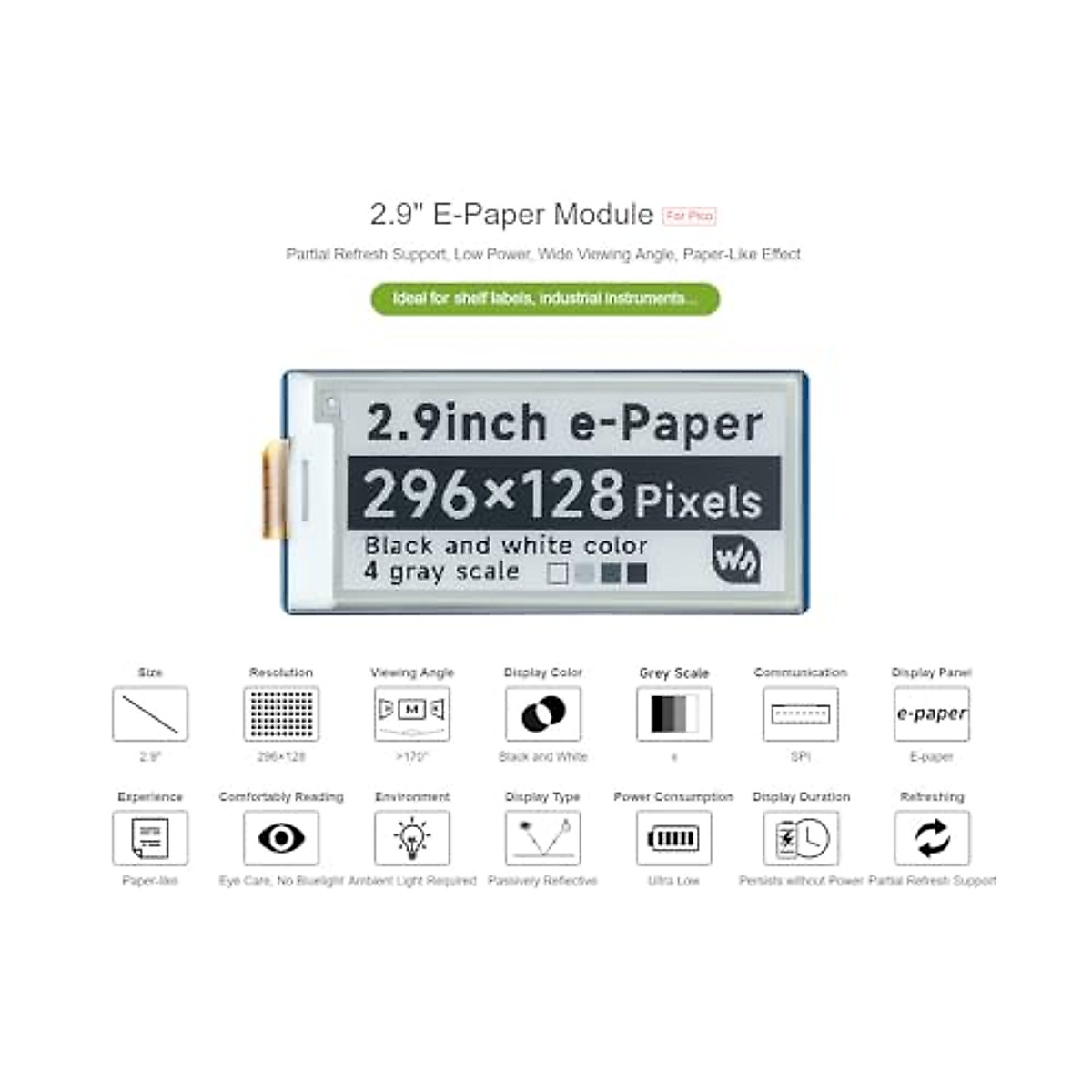 waveshare 2.9inch E-Paper E-Ink Display Module for Raspberry Pi Pico 296×128 Pixels Black/White Partial Refresh Support with SPI Interface