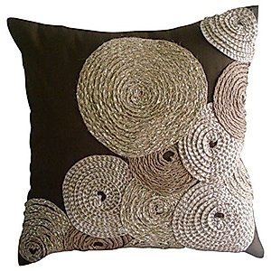 The HomeCentric Throw Pillow Covers, Brown Decorative Zippered Throw Pillow Covers 16x16 inch (40x40 cm), Silk Throw Pillow Covers, Circles & Dots, Jute, Contemporary Cushion Cover  - Adorned by Jute